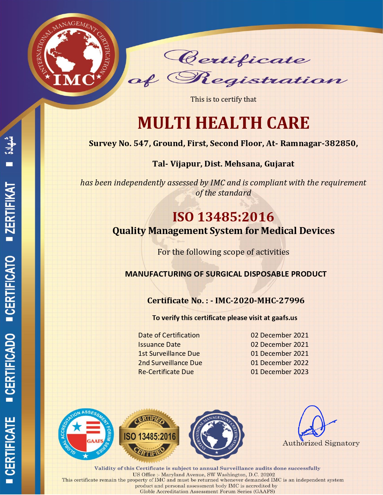 CERTIFICATES – Multi Plus India